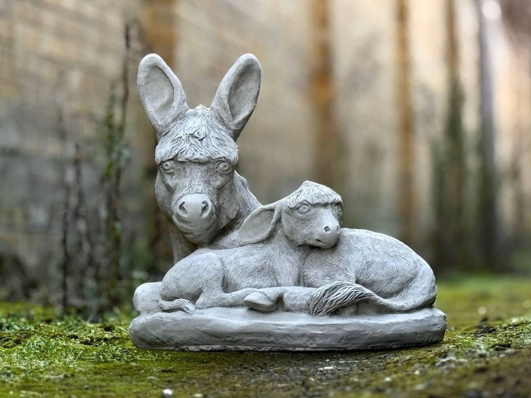 Outdoor Donkey Family Statue Stone Lying Animal Ornament Garden ...