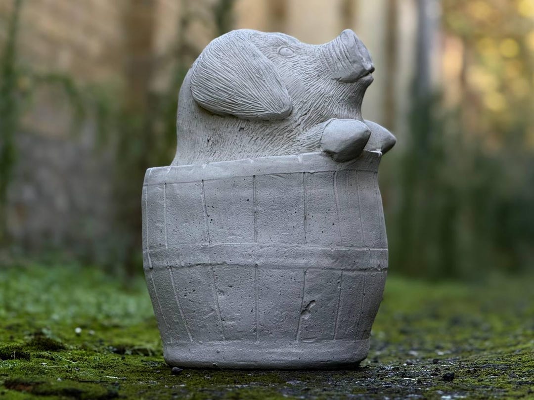 White Pig in in Barrel Statue Concrete Farm Animal Sculpture Stone Yard ...