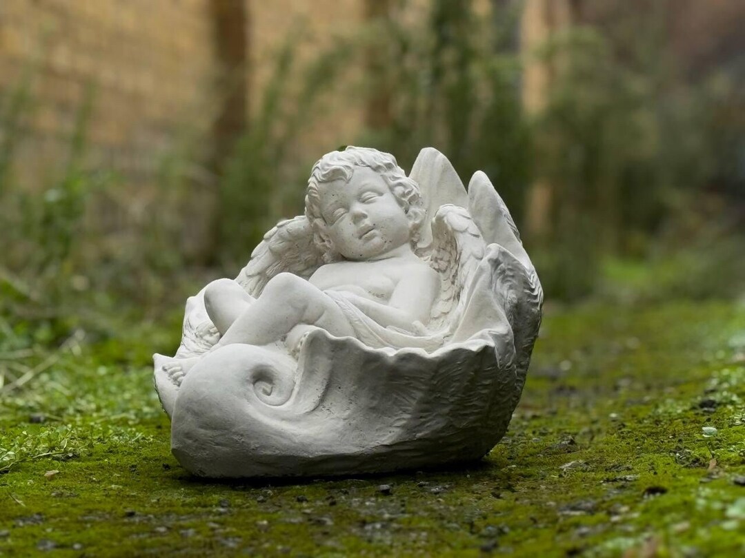 Concrete Sleeping Baby Angel Figurine Stone Cherub Decor Outdoor Garden ...
