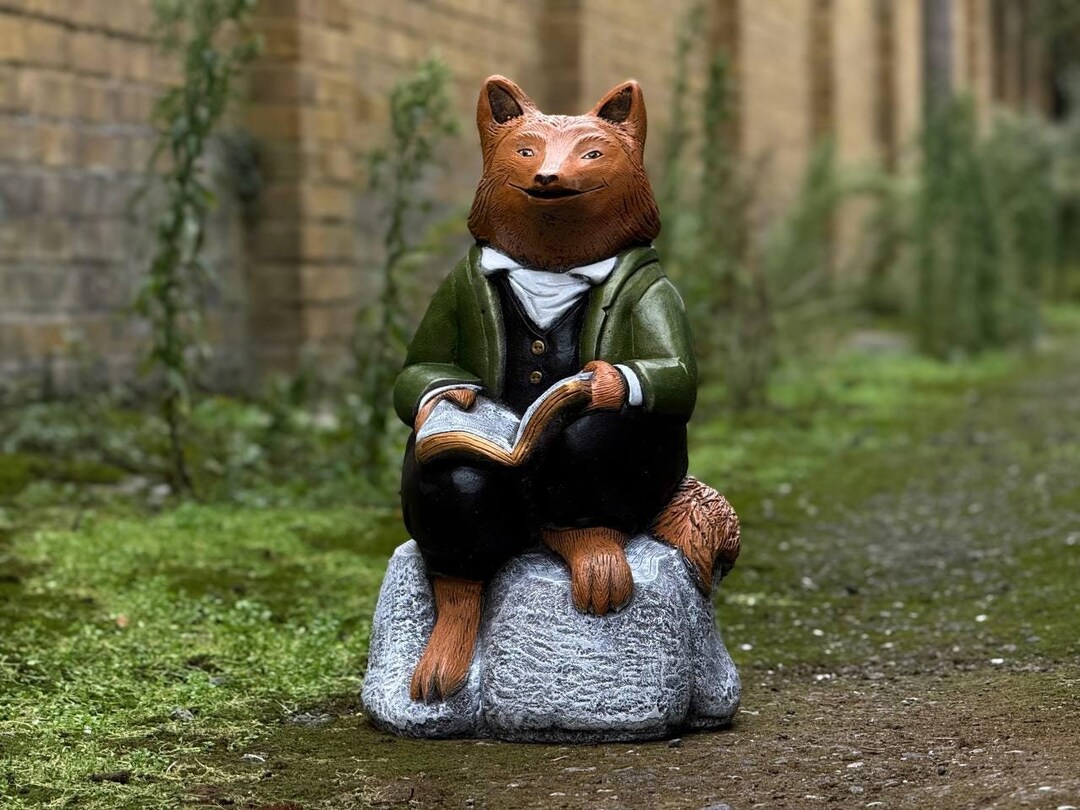 Charming Fox Reading Statue Concrete Garden and Home Sculpture ...