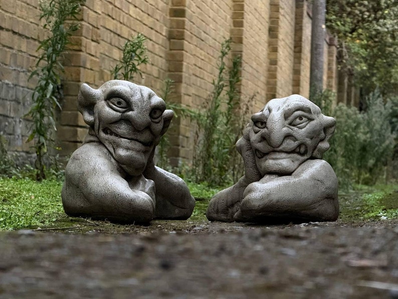 Set of Resting Gargoyle Statues Gothic Garden Decor Concrete Mythical ...