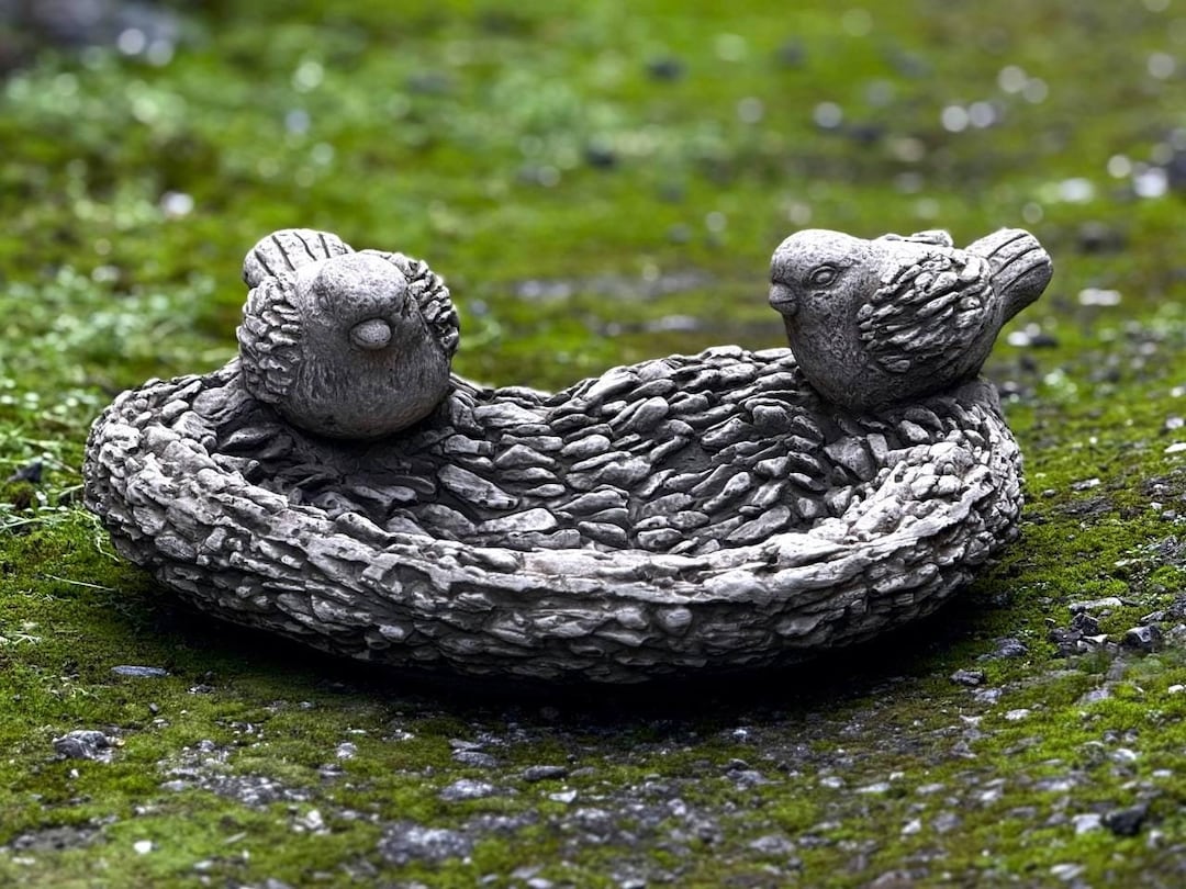 Outdoor Bird Bath Bowl Sculpture Stone Nest With Birds Sculpture Cement ...