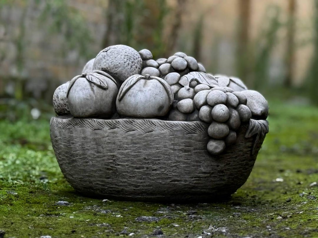 Concrete Fruit Bowl Statue Realistic Garden Sculpture Decorative Cement ...
