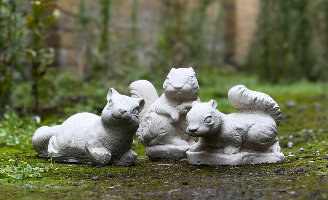 Concrete Set Squirrel Statues Cement Wildlife Sculptures Outdoor Garden ...