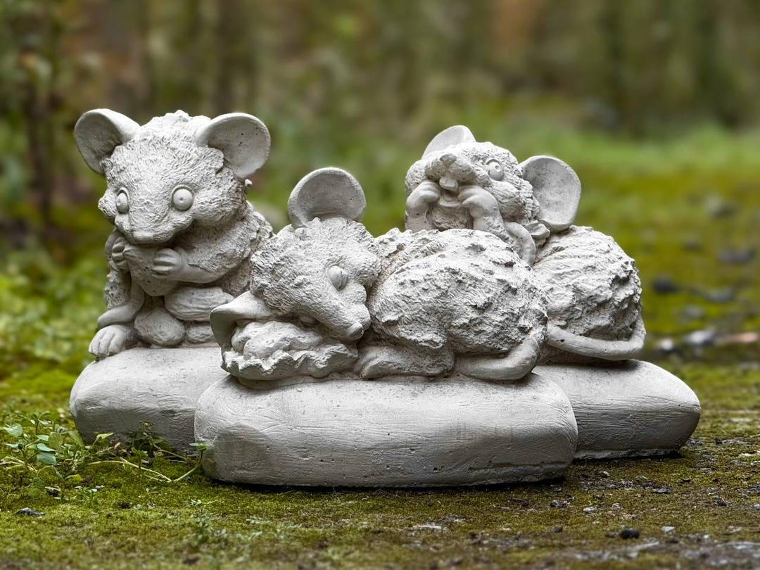 Concrete Mouse Trio Sculpture Set Stone Sleepy, Whisker-twirling, and ...