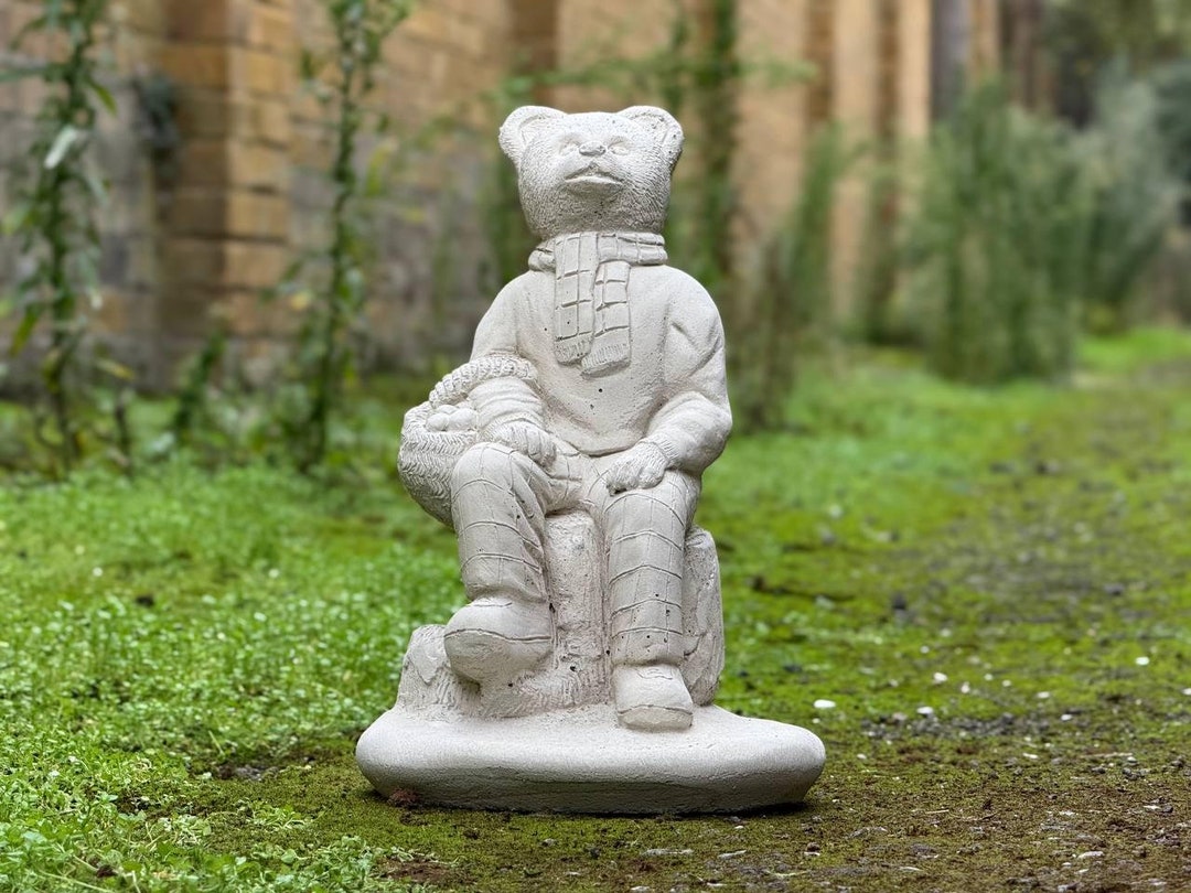 Charming Bear Figurine Concrete Animal Sculpture With Scarf and Basket ...