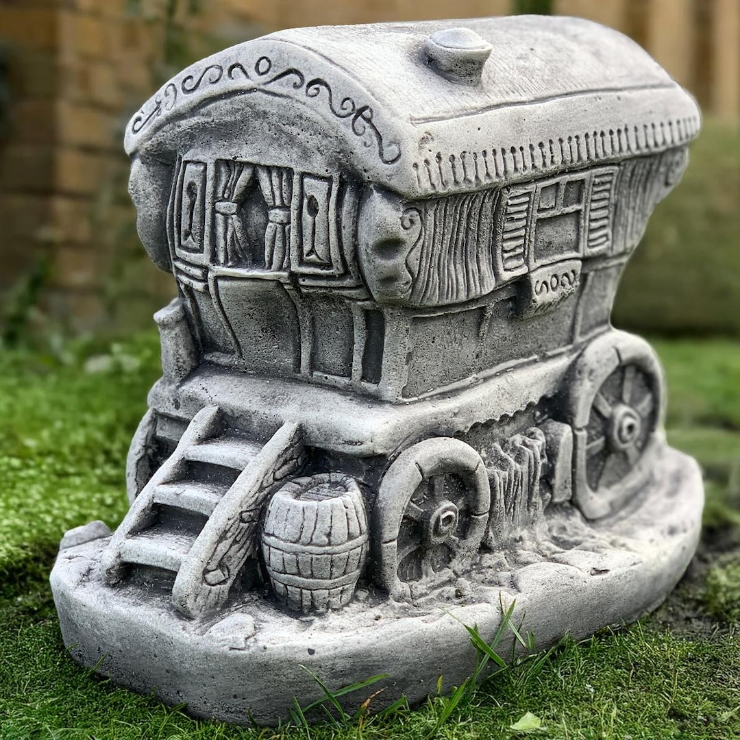 Concrete Gypsy Caravan Figurine Outdoor Fairy House Statue Stone Wagon ...