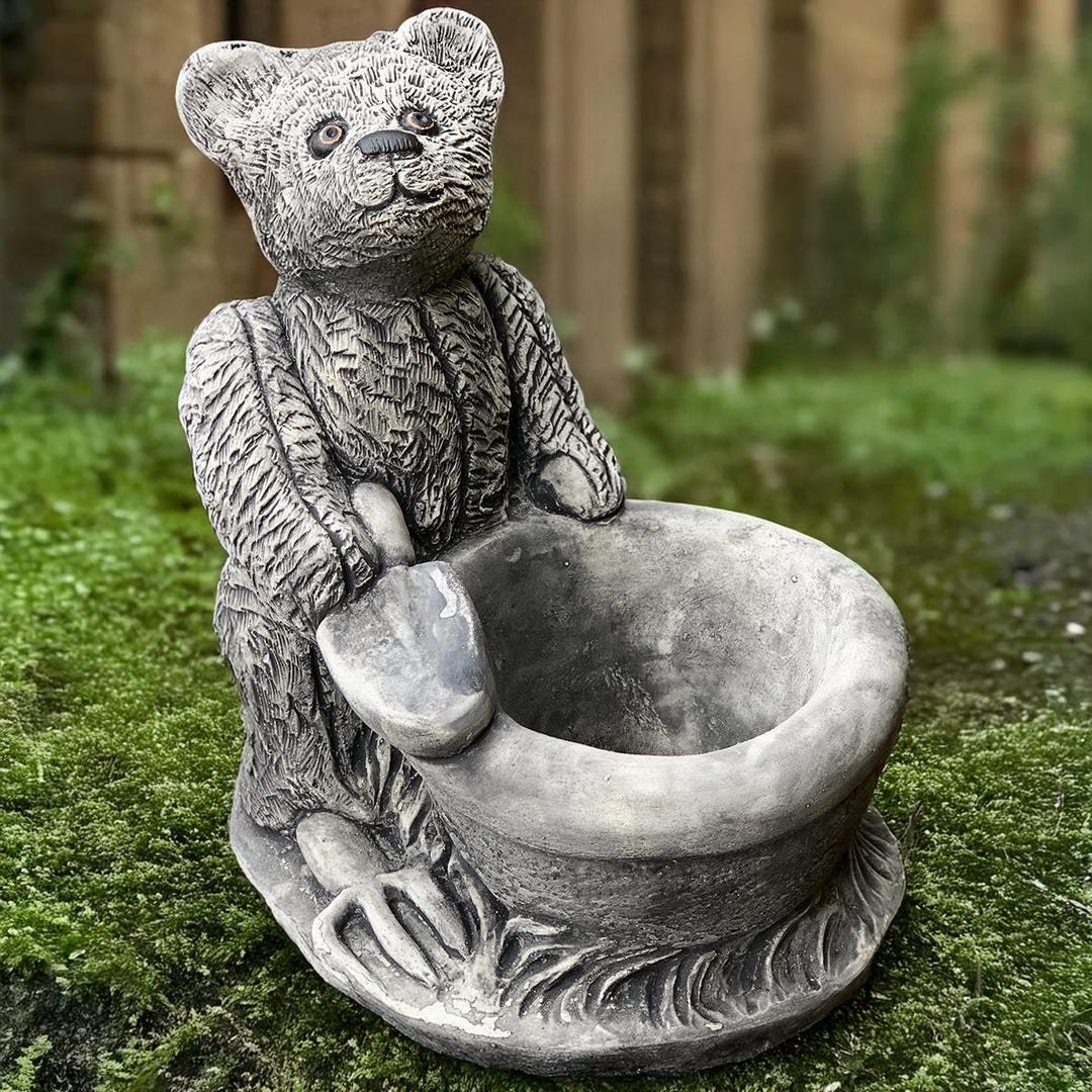 Bear With Flower Pot Statue Concrete Teddy Bear Sculpture Outdoor Bear ...