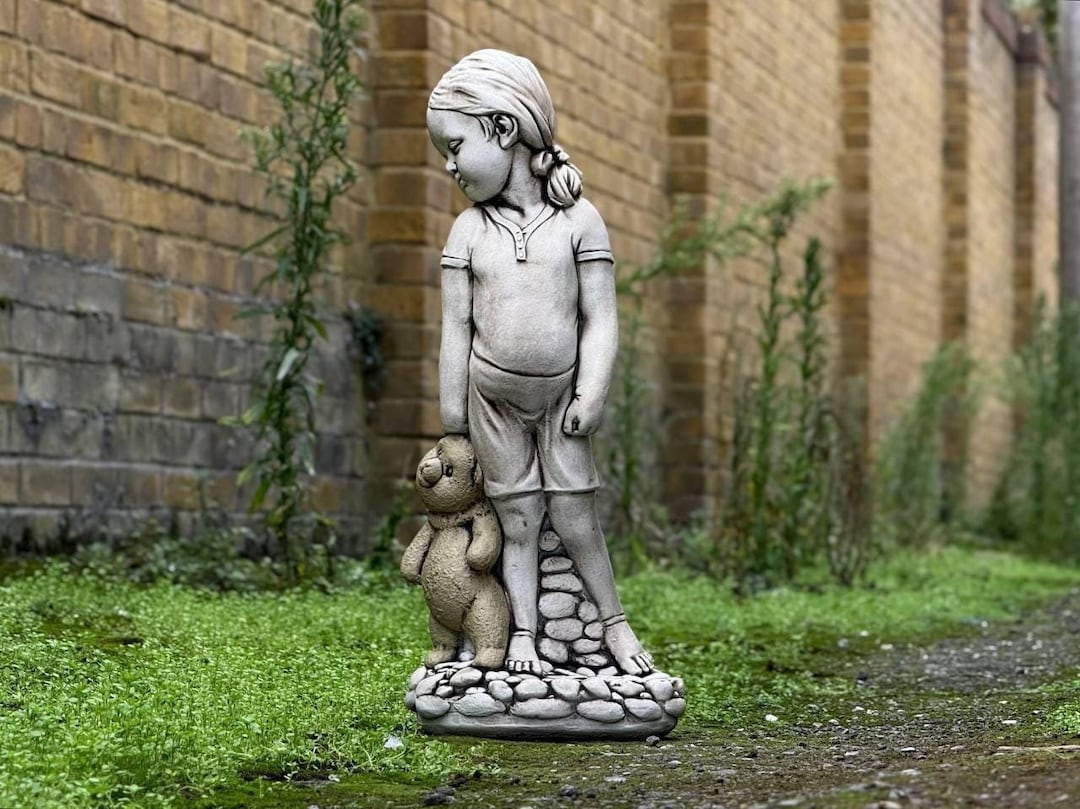 Little Girl With Teddy Bear Concrete Statue Stone Child Figurine ...