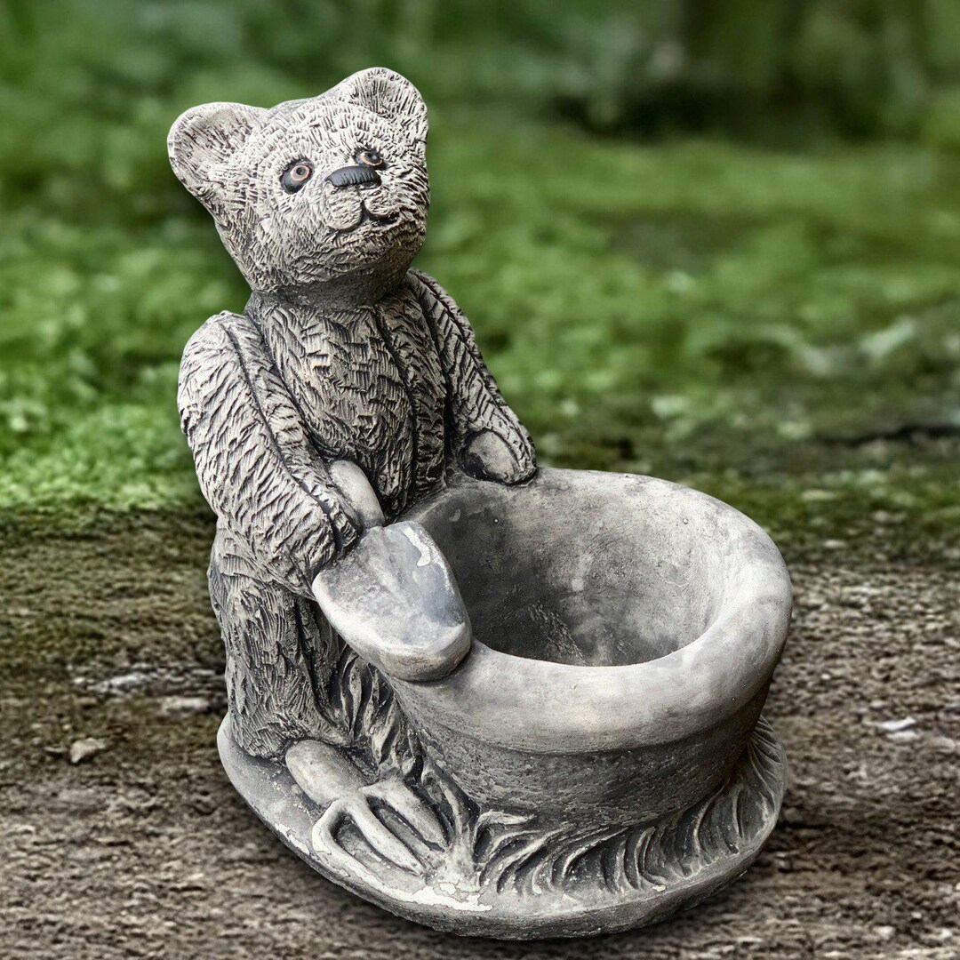 Teddy Bear With Flower Pot Sculpture Concrete Planter Figurine Outdoor ...