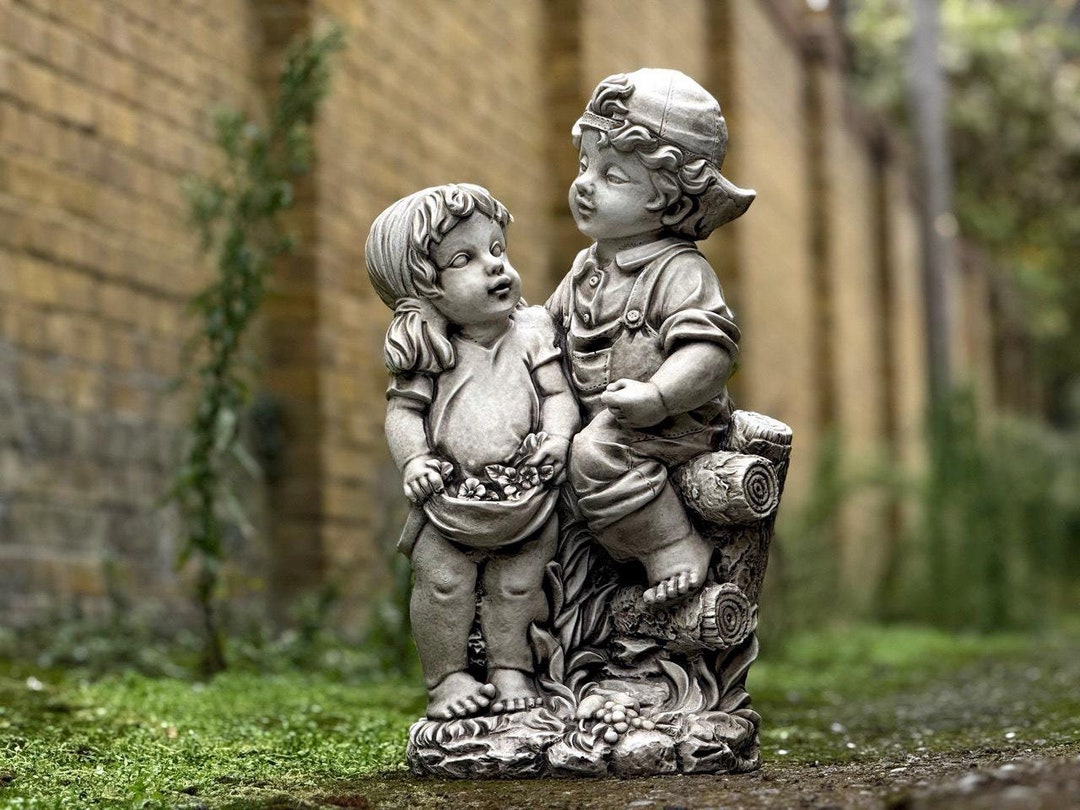 Stone Girl and Boy Statue Brother and Sister Sculpture Garden Family ...