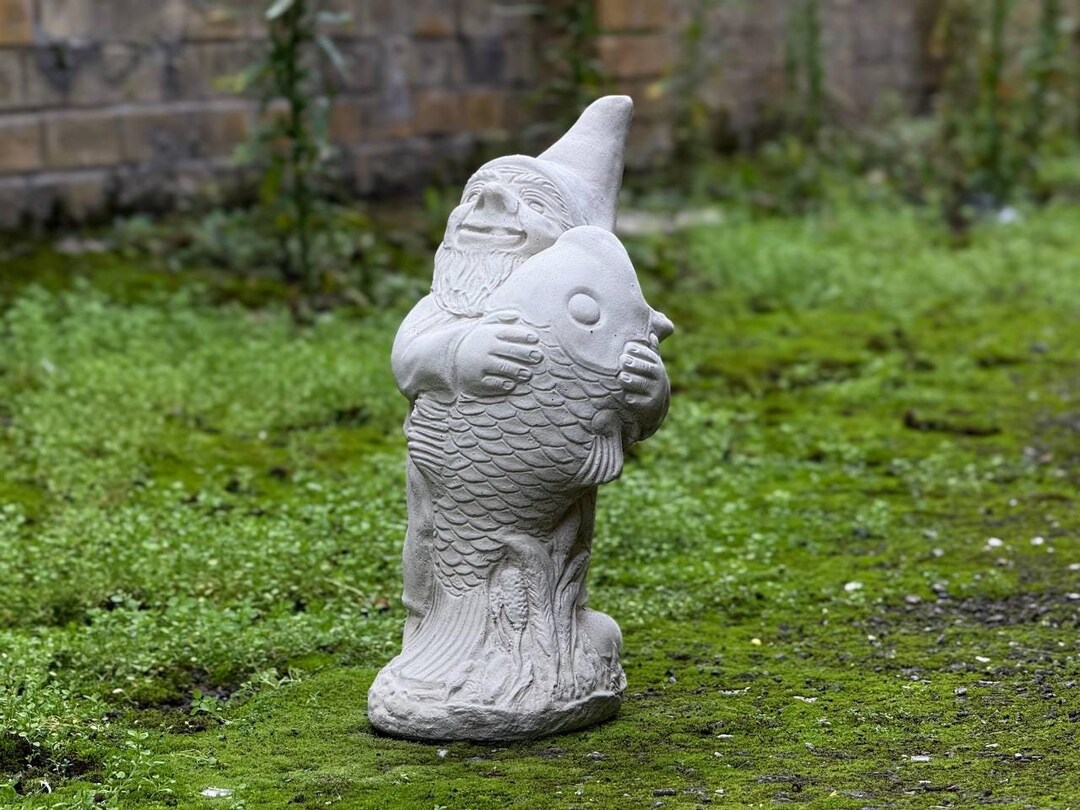 Concrete Garden Gnome With Fish Whimsical Garden Figurine Outdoor Gnome ...