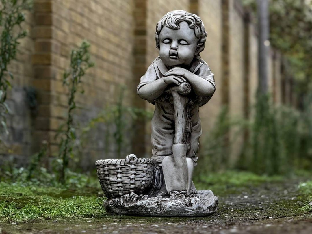 Sleeping Child Garden Statue Concrete Boy With Shovel Ornament Handmade ...