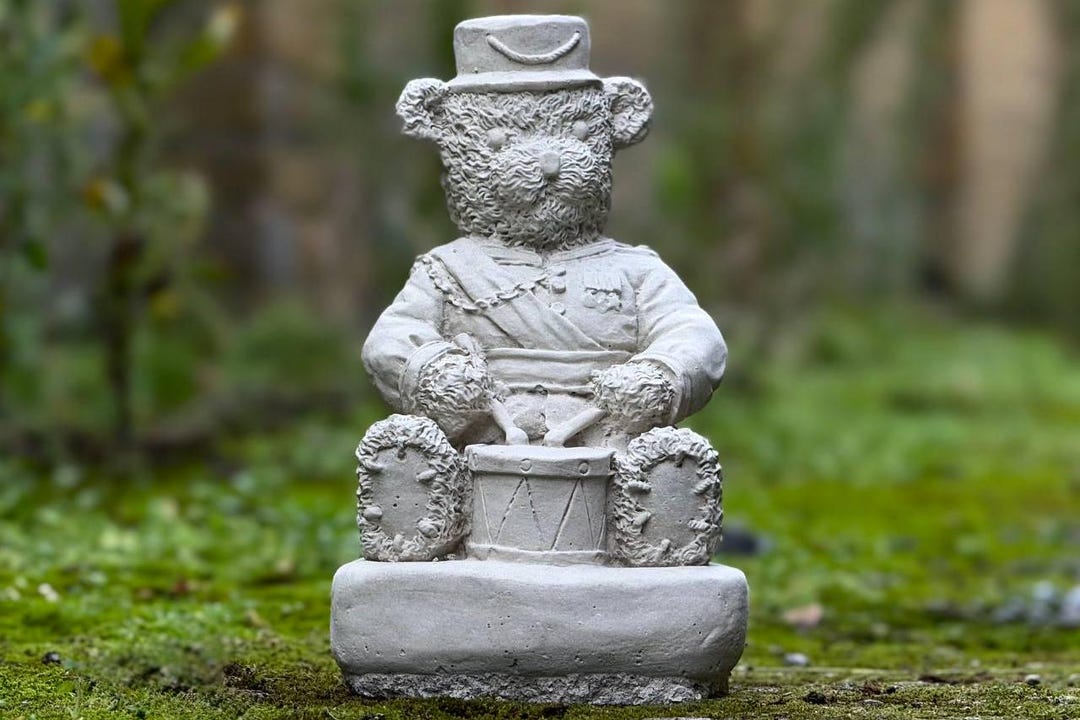 Stone Drummer Bear Statue Concrete Teddy Figurine Outdoor Teddy With ...