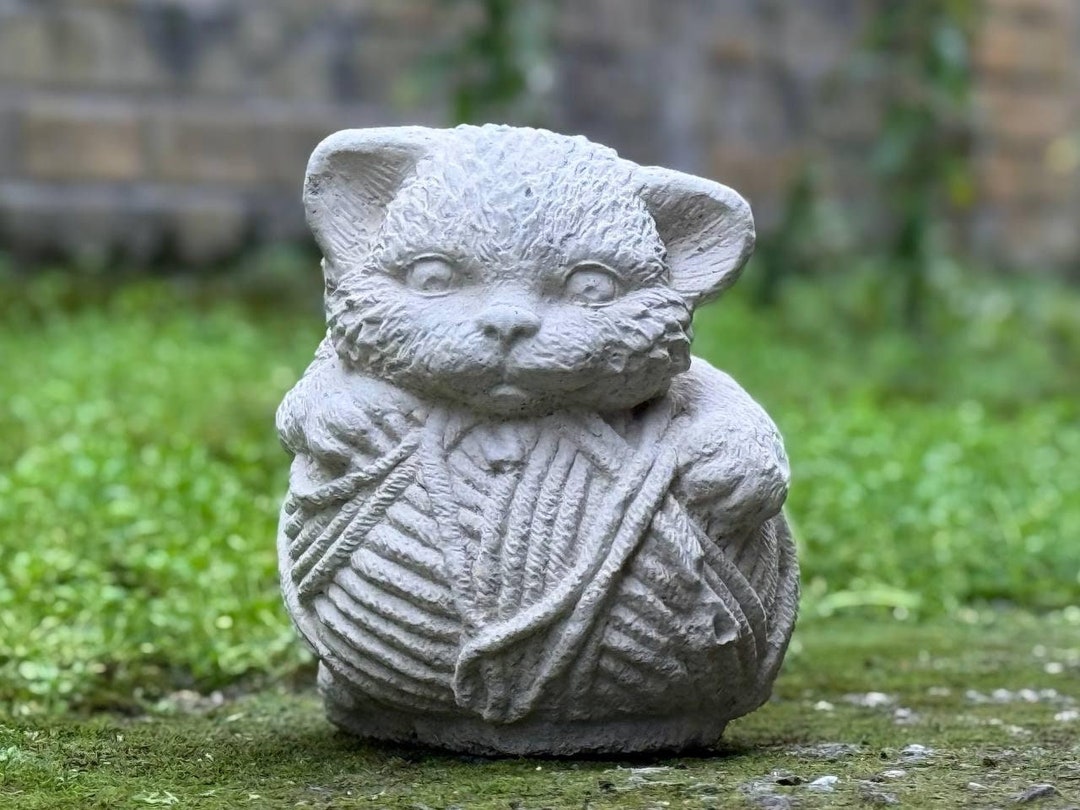 Concrete Cat With Yarn Ball Statue Stone Kitten Sculpture Outdoor ...