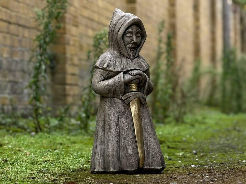 Medieval Monk With Sword Concrete Statue Cloaked Warrior Sculpture ...