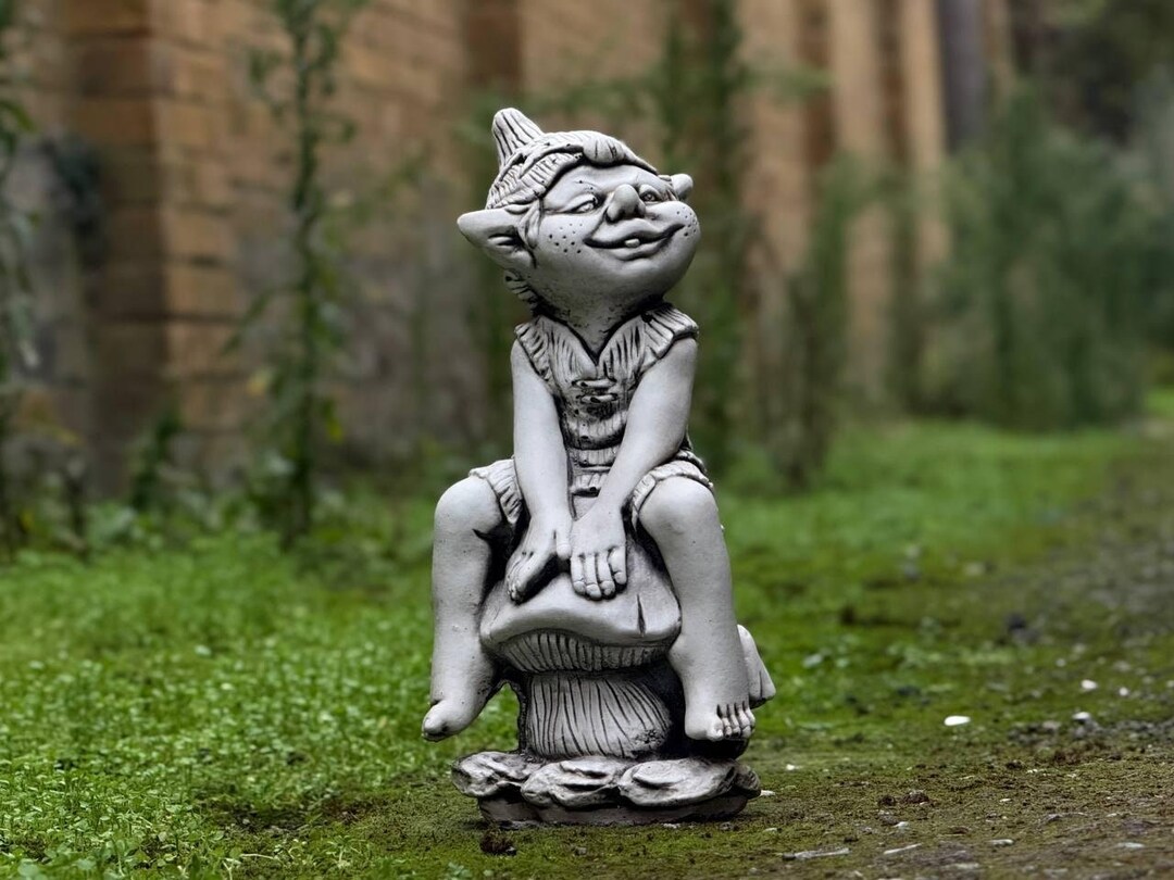 Stone Whimsical Elf Sitting on Mushroom Decoration Concrete Playful ...