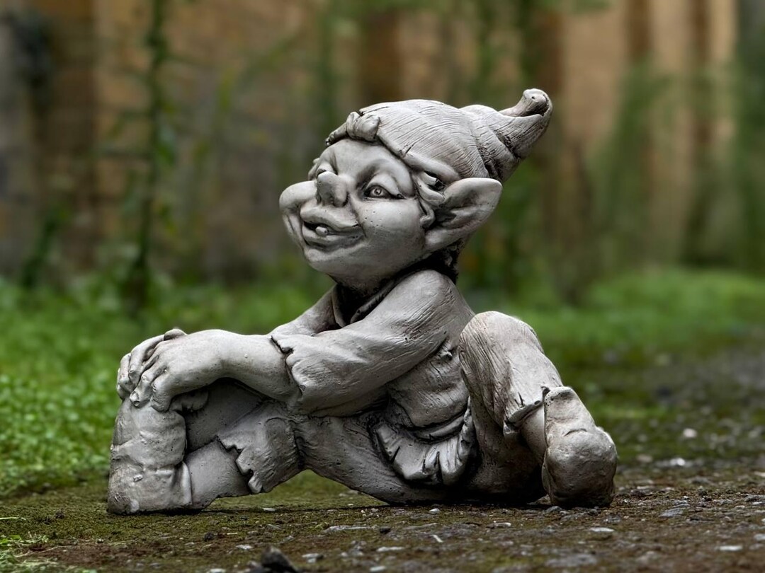 Sitting Funny Garden Pixie Statue Whimsical Outdoor Decoration Concrete ...