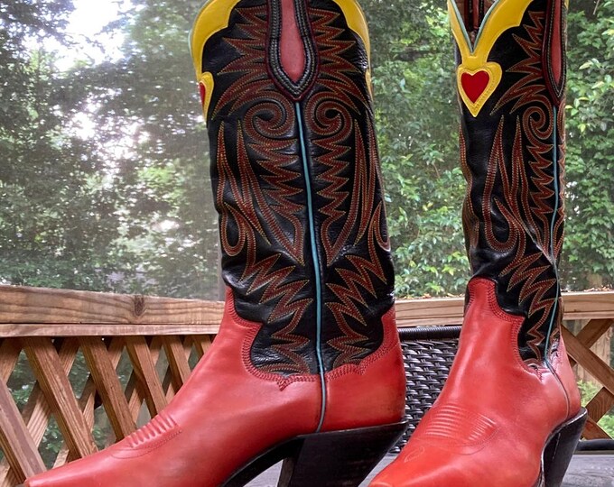 Paul Bond Boot Co. Black Over Dusty Rose Red Fancy Stitch Cowboy Boots ...