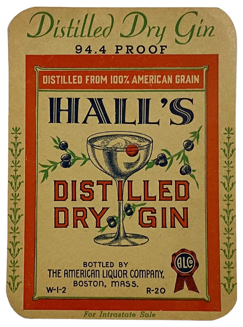 HALL'S Distilled Dry Gin Label - Vintage Advertising Label - American ...