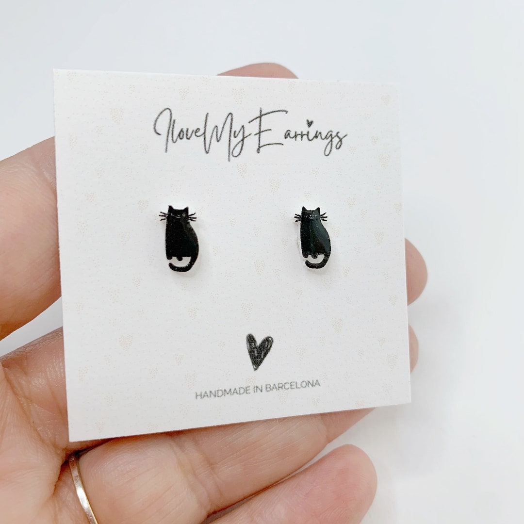 Kitty Stud Silver Earrings, Cat Stud Earrings, Kitty Stud Earrings, Silver Black Cat Earrings ...