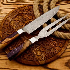Handmade Damascus Steel Carving Knife and Fork Set – 2PC BBQ Knife ...