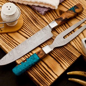 Handmade Damascus Steel Carving Knife and Fork Set – 2PC BBQ Knife ...