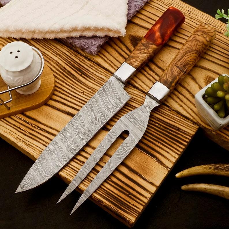 Handmade Damascus Steel Carving Knife and Fork Set – 2PC BBQ Knife ...