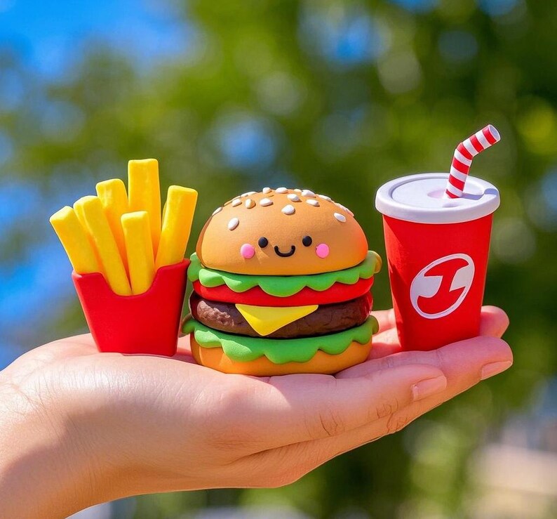 Miniature Polymer Clay Burger, Fries, and Soda Set – Handmade Food Art ...