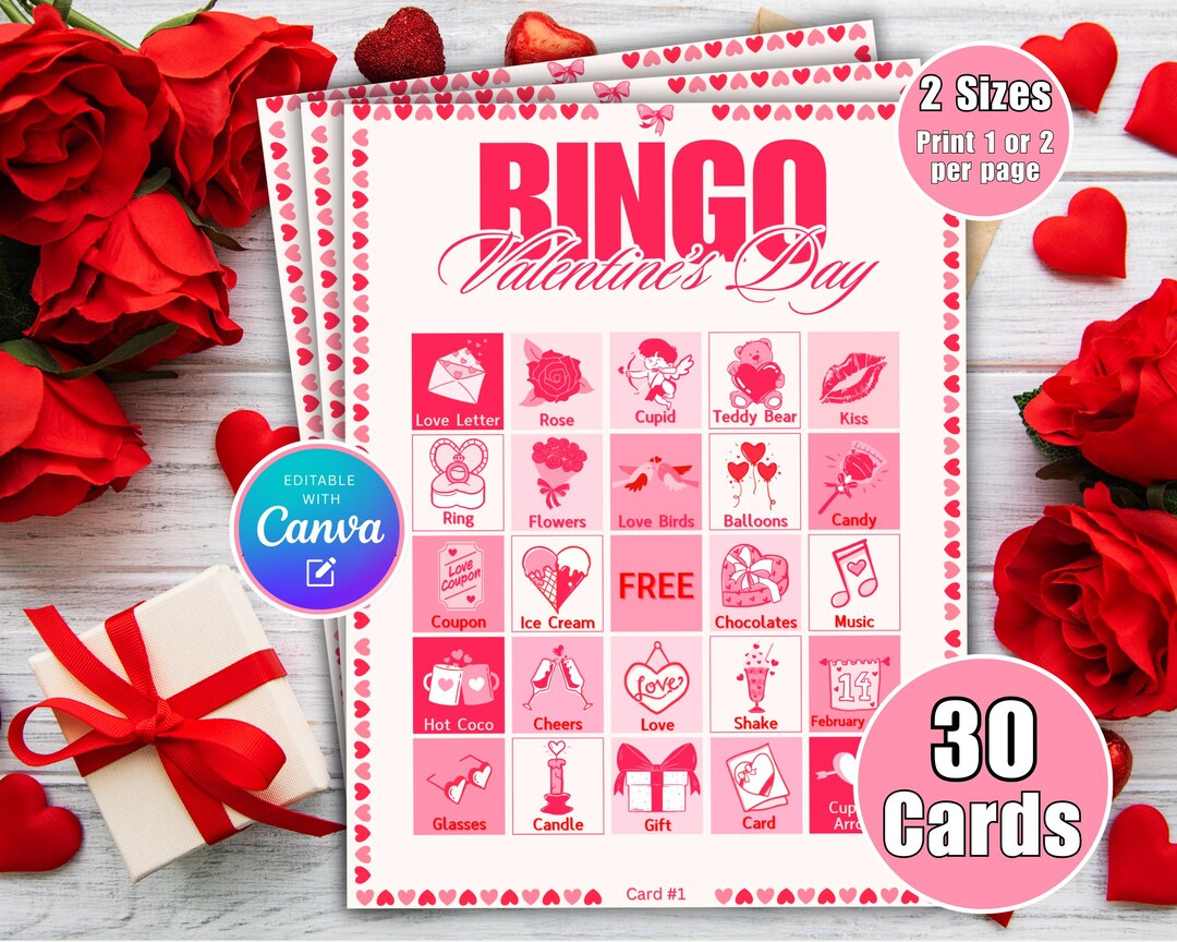 30 Valentines Bingo Game Cards Printable, Valentine's Day Bingo Cards ...
