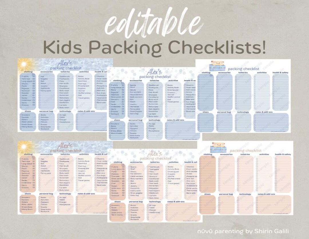 Kids and Family Travel Packing Checklists- Editable and Printable Warm ...