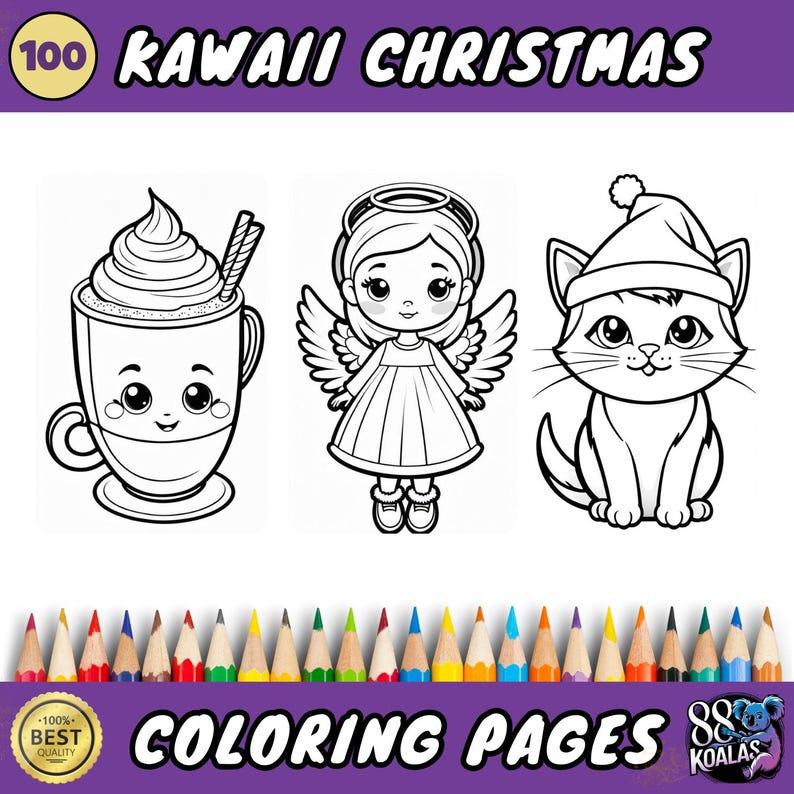 100 Kawaii Christmas Coloring Pages, Cute Fun for Kids Adults, Activity ...