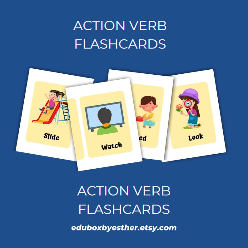Action Verbs Flashcards: Kids Learning Cards (PDF Download) - Etsy