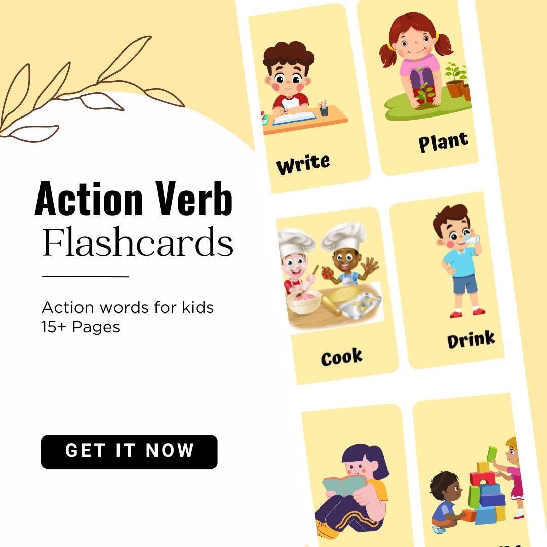 Action Verbs Flashcards, Printable Learning Cards for Kids, Verbs ...