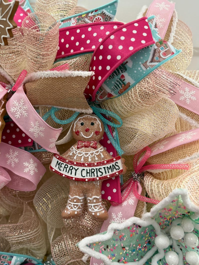 Pink Gingerbread Christmas Deco Mesh Wreath – Handmade Holiday Door ...