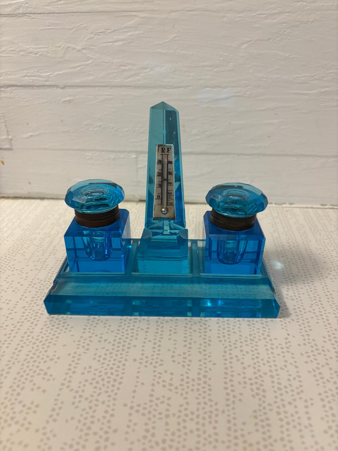 Antique French Art Deco Azure Blue Cut-glass Inkwell Set With Obelisk ...