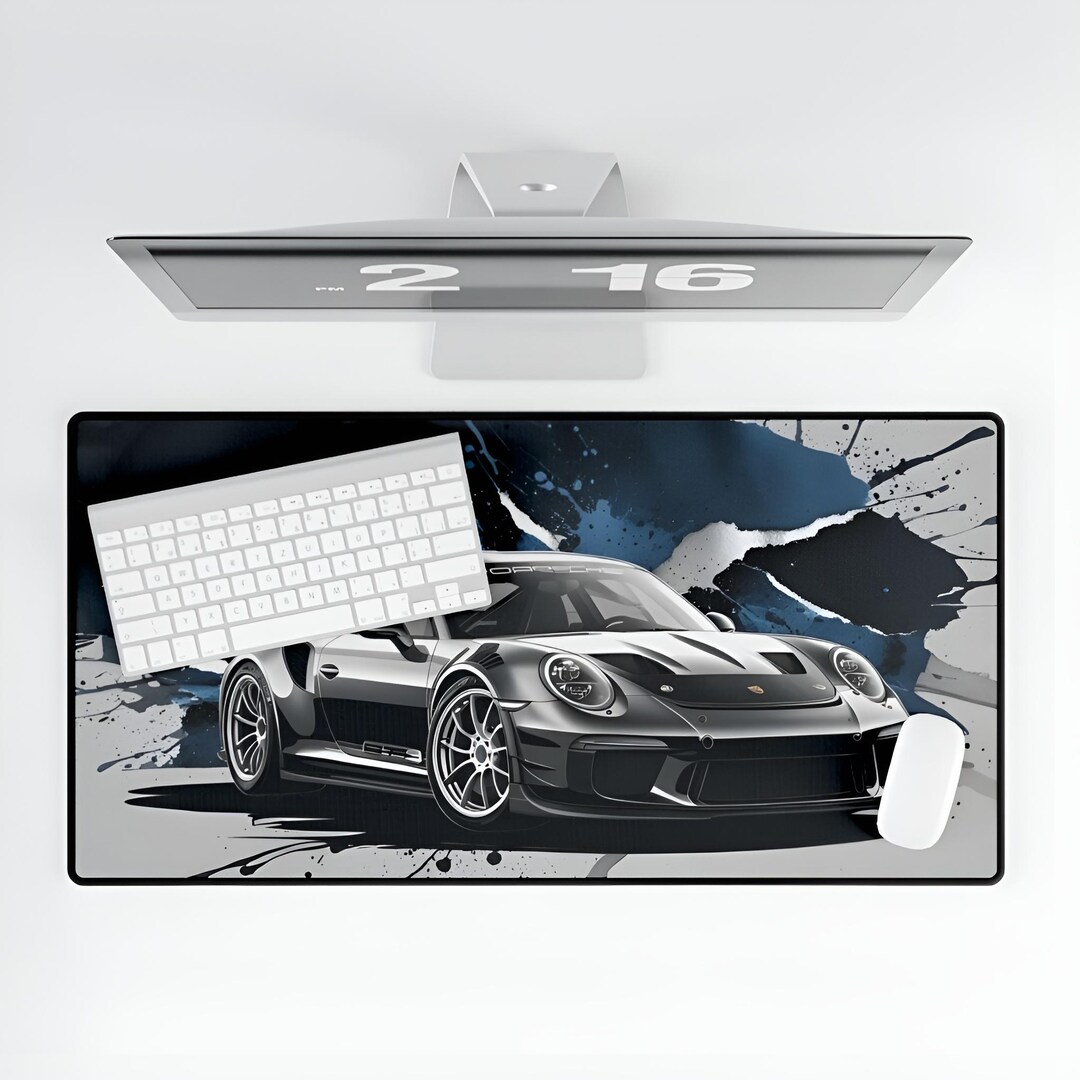 Porsche 911 GT3 Desk Mat, Simple Racing Black White Splatter Design ...