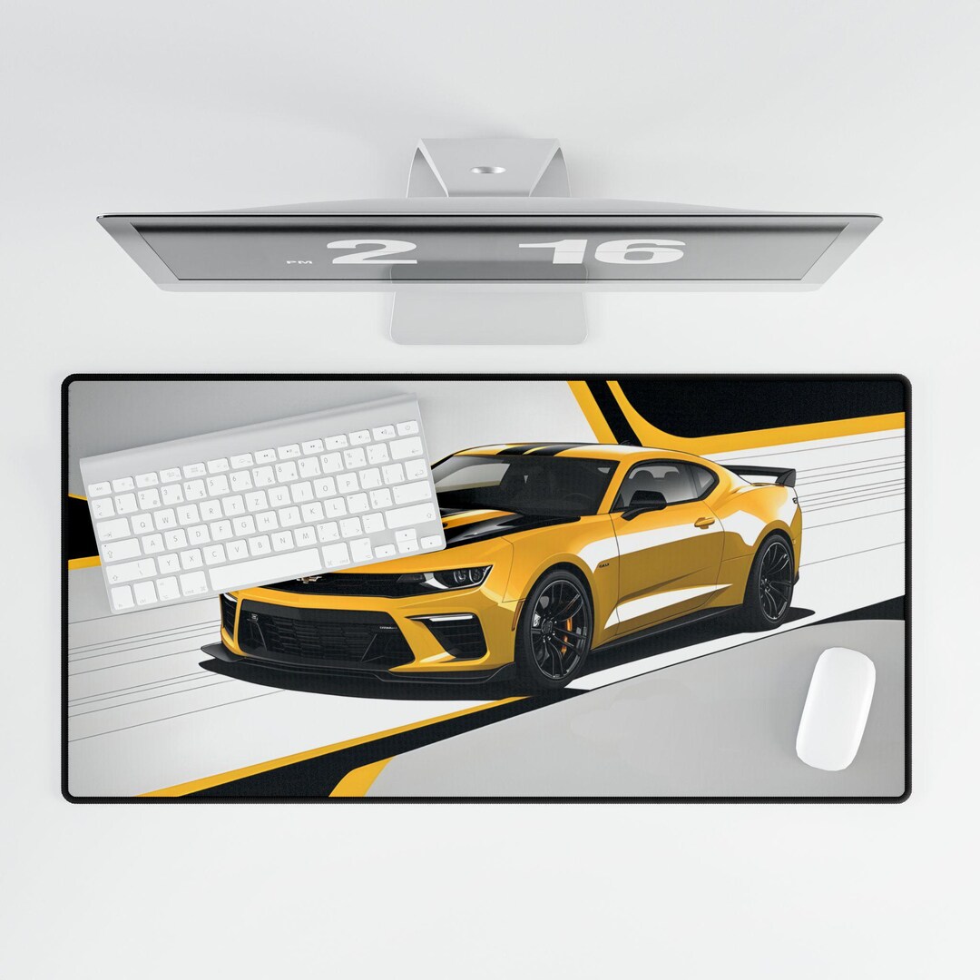 Muscle Car Desk Mat, Chevy Camaro ZL1 Yellow Black Stripes, Car ...