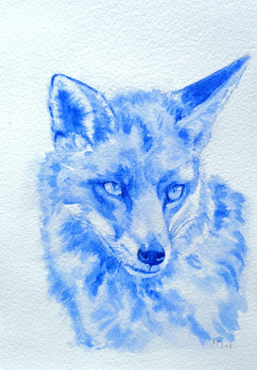 Original Watercolor Portrait of Blue Fox, Monochrome Animal Painting ...