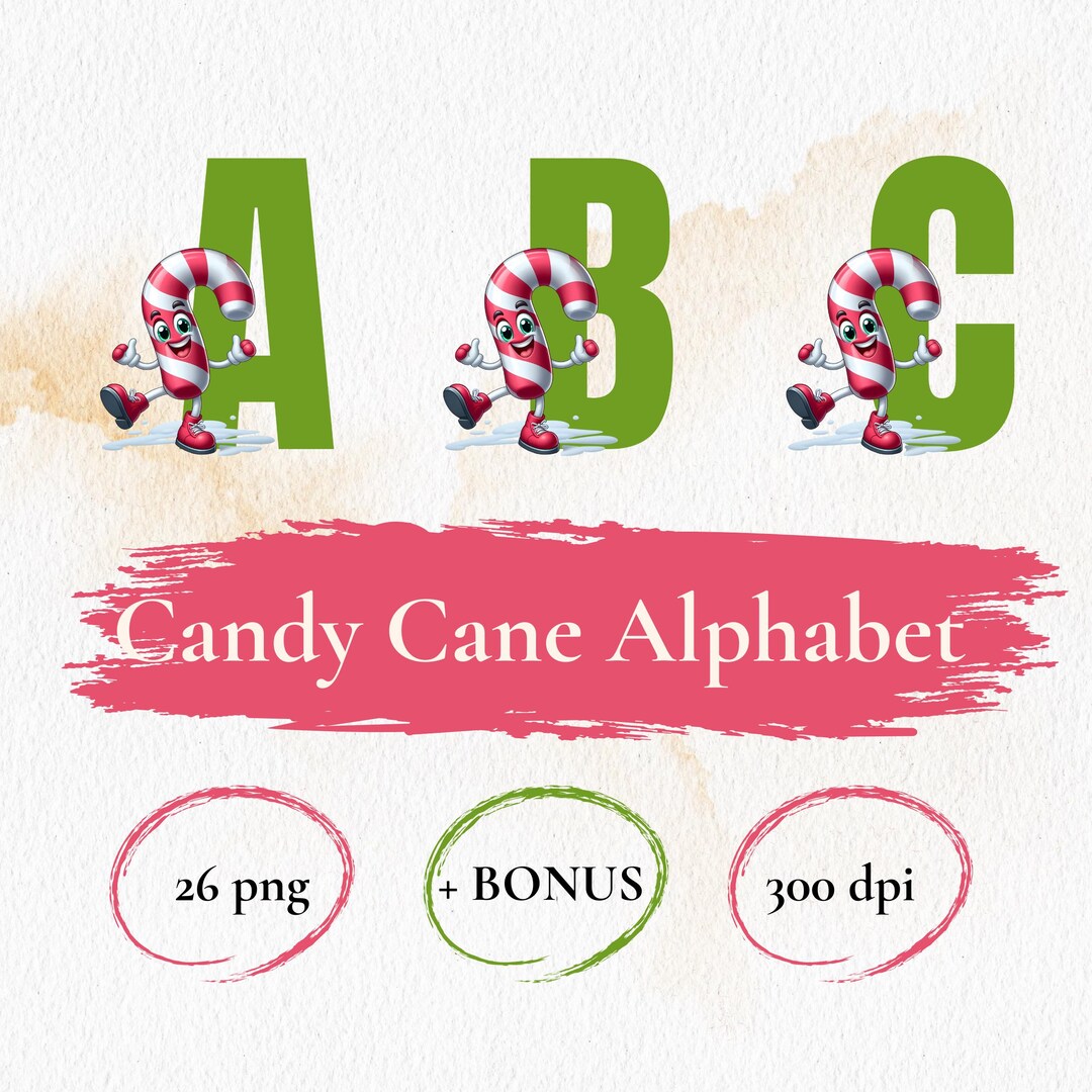 Candy Cane Alphabet 26 PNG Letters, BONUS, Instant Download, Holiday ...