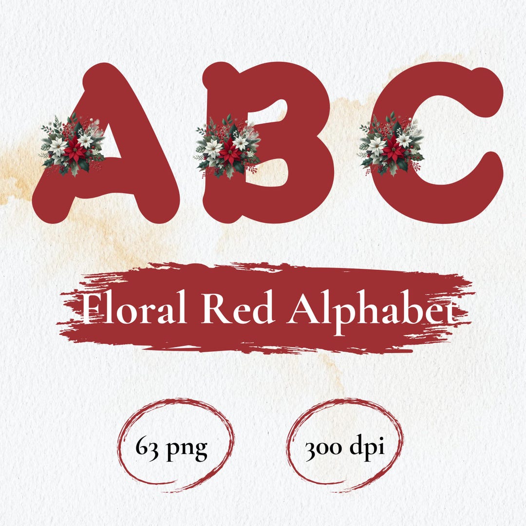 Floral Red Alphabet Clipart 63 PNG Letters, Instant Download, Holiday ...