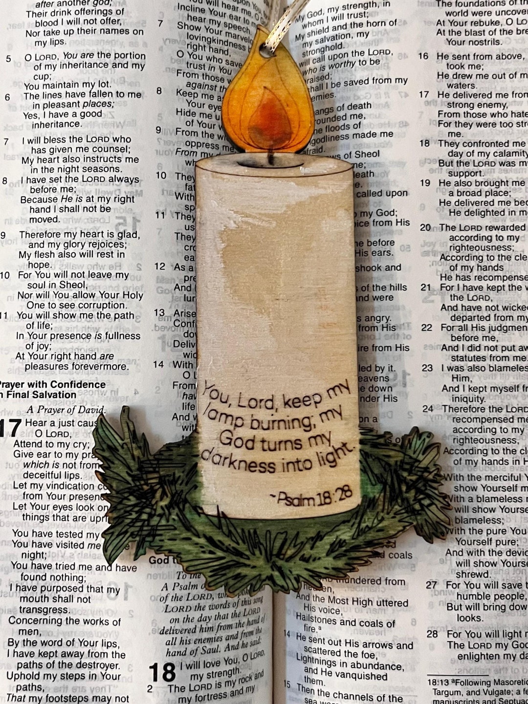 Bible Verse Handpainted Laser Cut Wooden Ornament - Candle - Psalm 18 ...