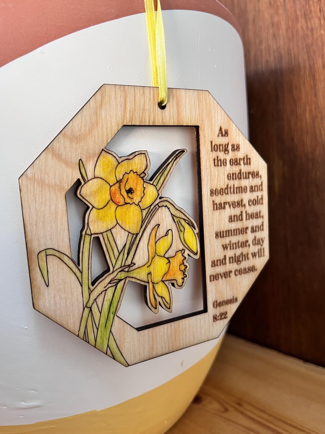 Bible Verse Handpainted Laser Cut Wooden Ornament - Daffodil Sprig ...