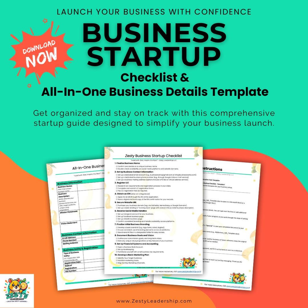 Zesty Business Startup Checklist & All-in-one Business Details Template ...