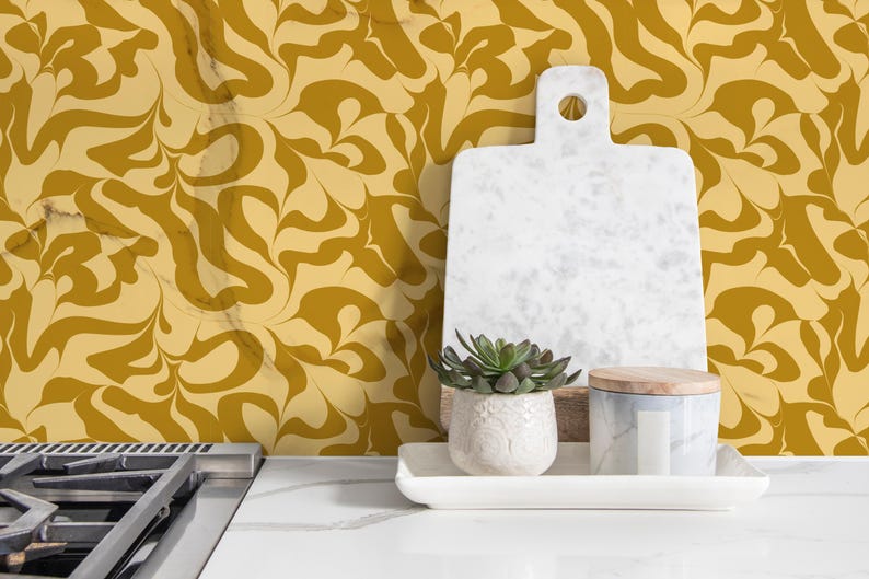 Vintage Inspired Mustard Yellow Abstract Wallpaper Retro Wall Decor for ...