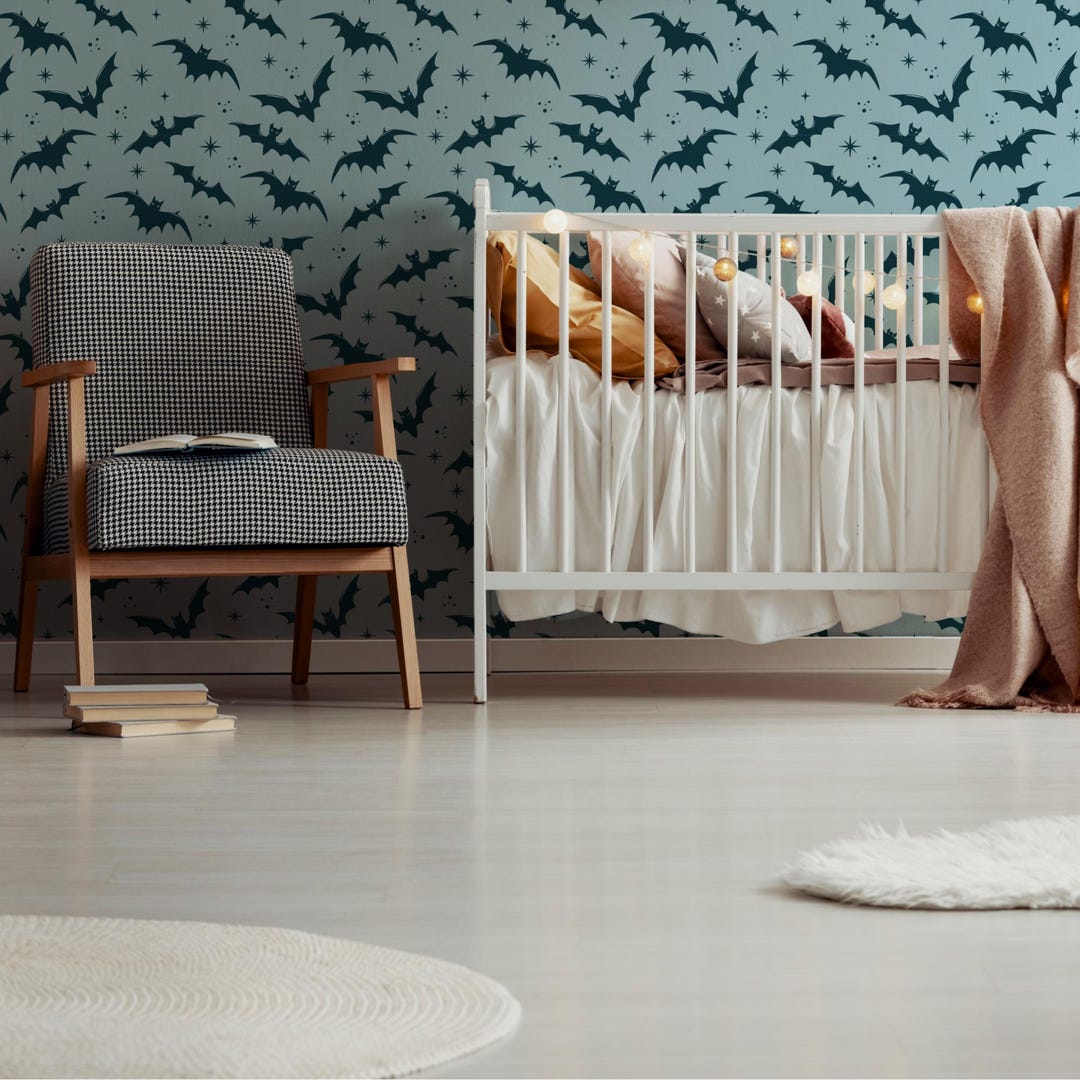 Blue Bat Pattern Wallpaper Kids Room Decor, Halloween Themed Wall ...