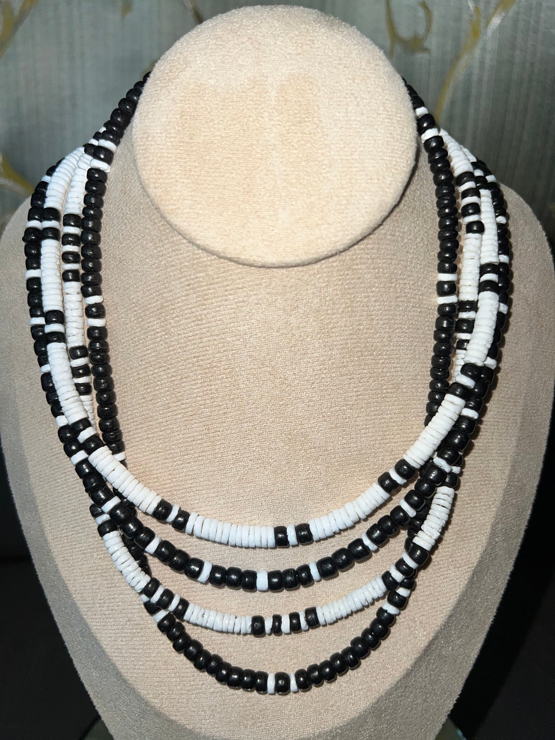 Puka Shell Necklace Set - Black Coconut & White Clam Bead Surfer ...