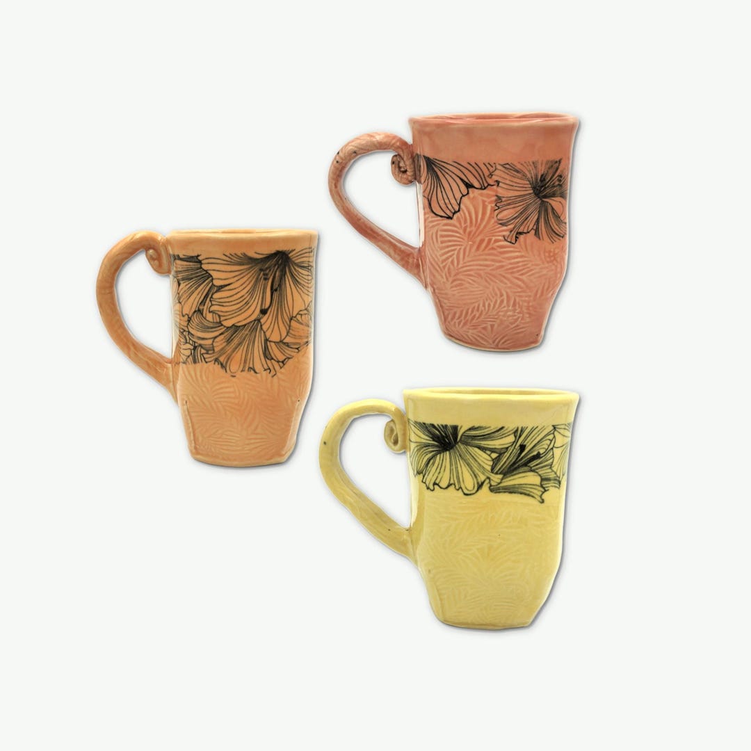 Handmade, Slab Built Ceramic Mug With Hibiscus Design, in Choice of ...