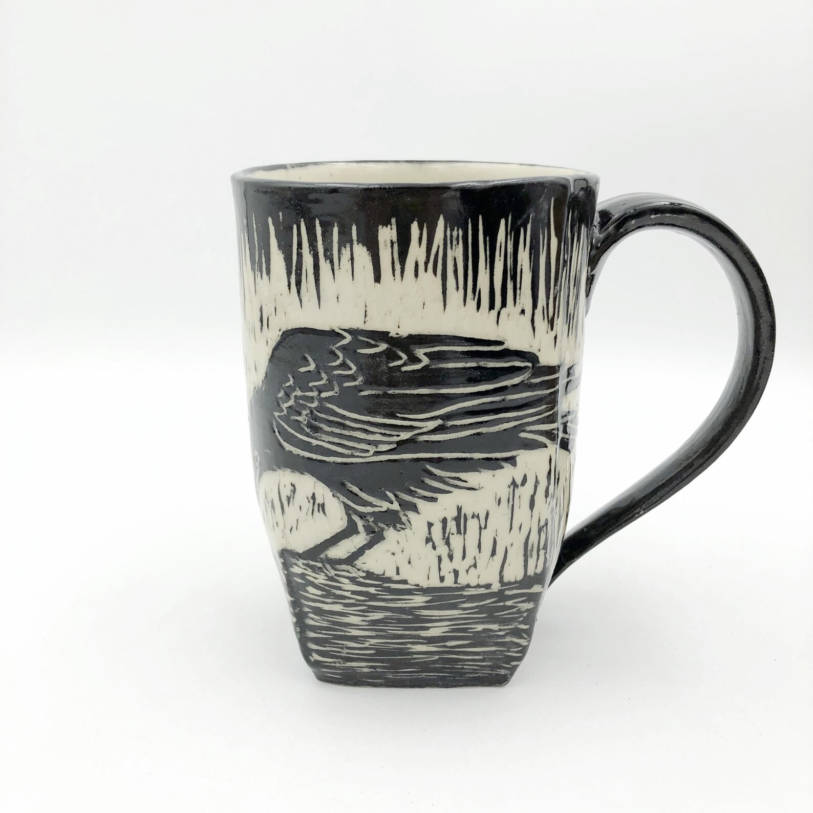 Handmade Raven Crow Pottery Mug Handbuilt Ceramic Coffee Mug Sgraffito ...