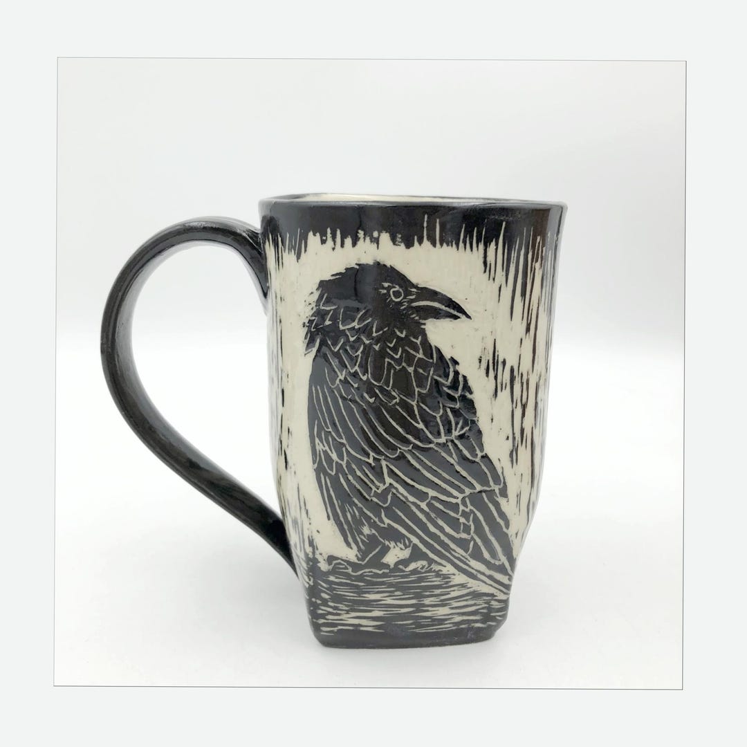 Handmade Raven Crow Pottery Mug - Handbuilt Ceramic Coffee Mug ...